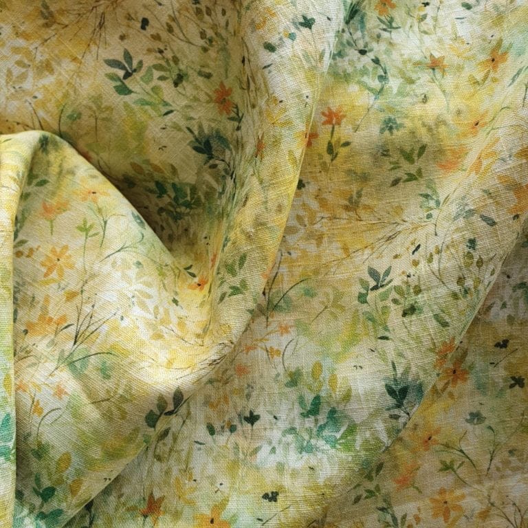 Linen and Cotton Slubbed Floral Linen Look 'Meadow Green' - CW Fabrics