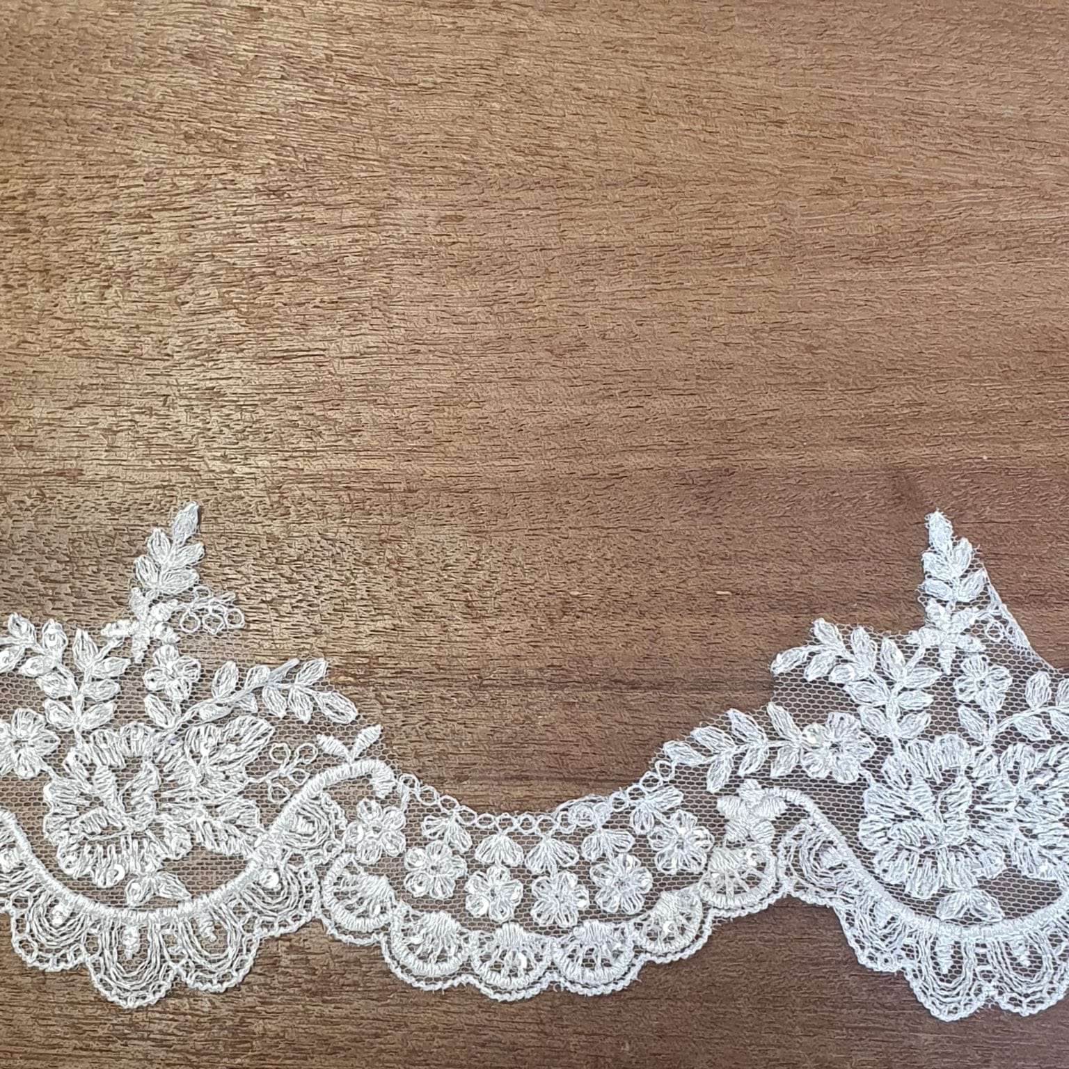 Bridal Scalloped and Sequined Lace Trim in Irredescent Ivory - CW Fabrics